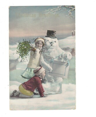 SD3422 SNOWMAN WITH TOPHAT PLAYING KIDS IN THE SNOW COL PRINTED | eBay