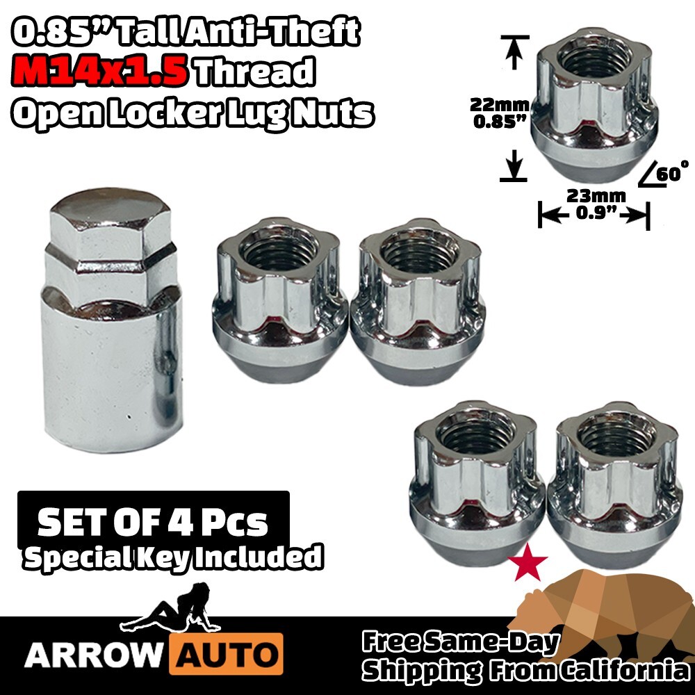 4x Chrome M14x1.5 Anti-Theft Open End Wheel Lock & Key Fit Dodge ...