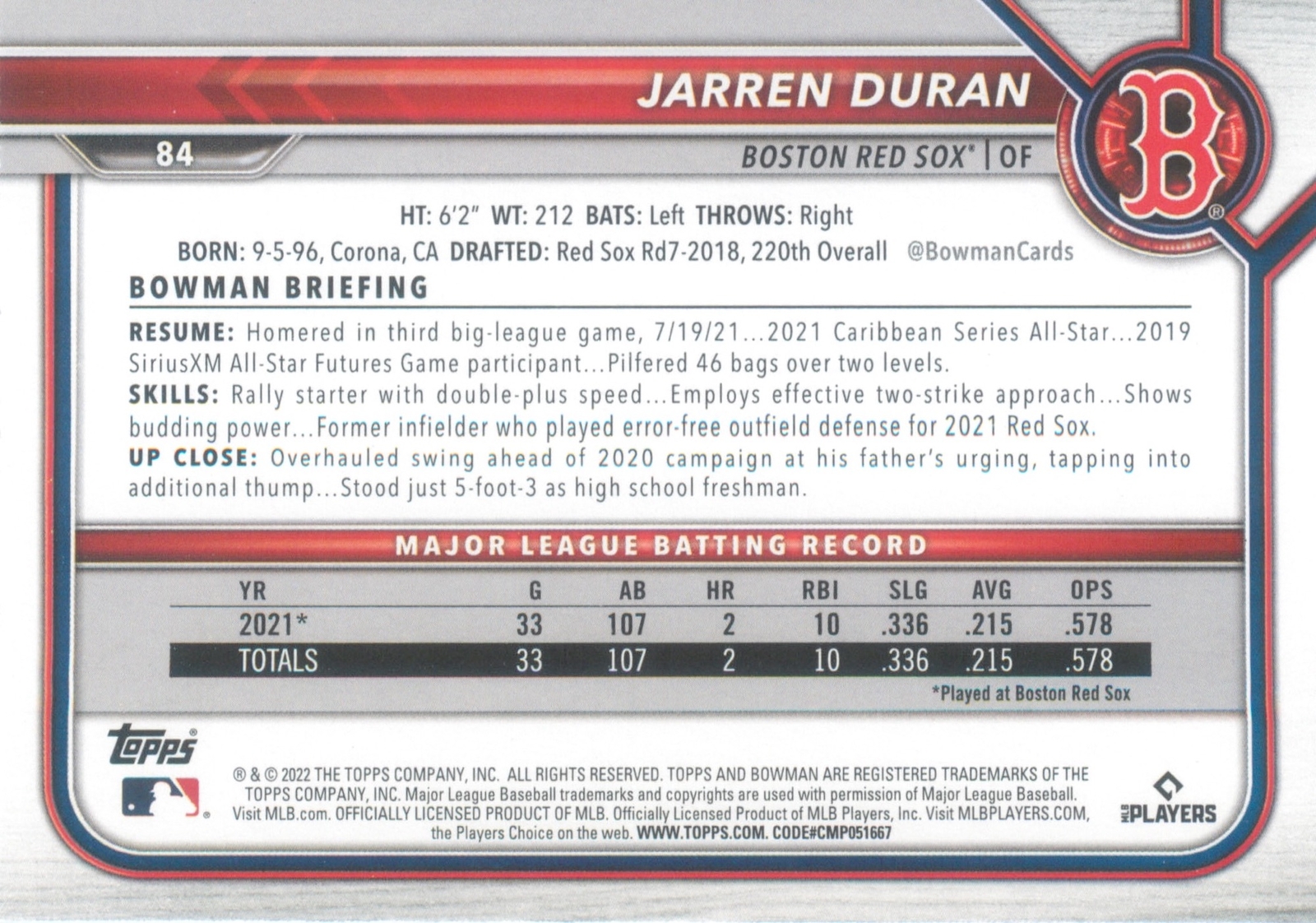 Jarren Duran RC 2022 Topps Bowman Baseball MLB Rookie Card #84 Boston ...