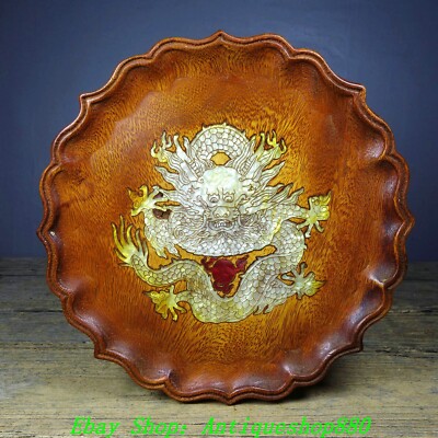9.4''Old Chinese Huali Wood Inlay Shell Dragon Loong Pattern Tray Dish ...