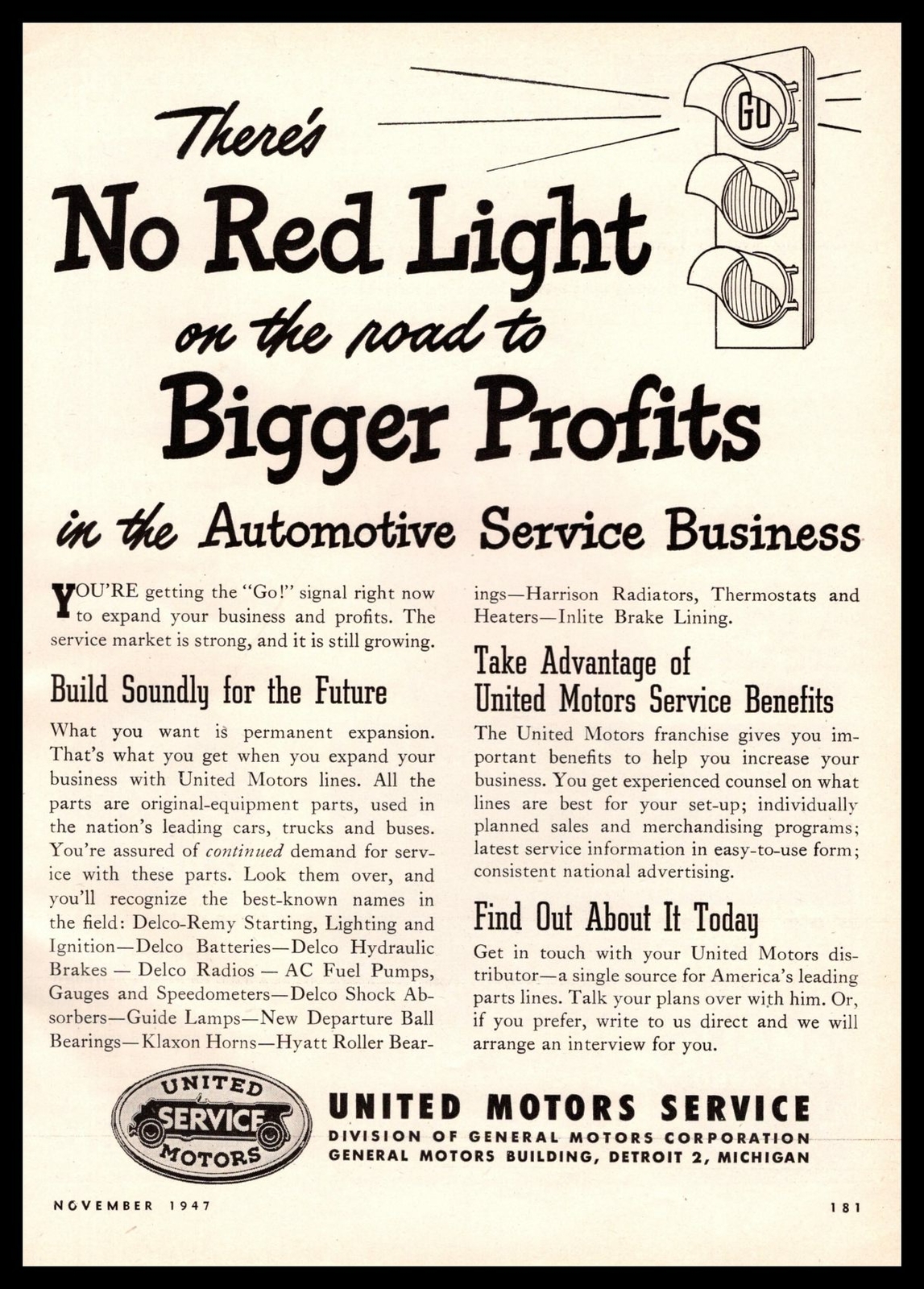 1947 United Motors Service "No Red Light On the Road To Bigger Profits ...