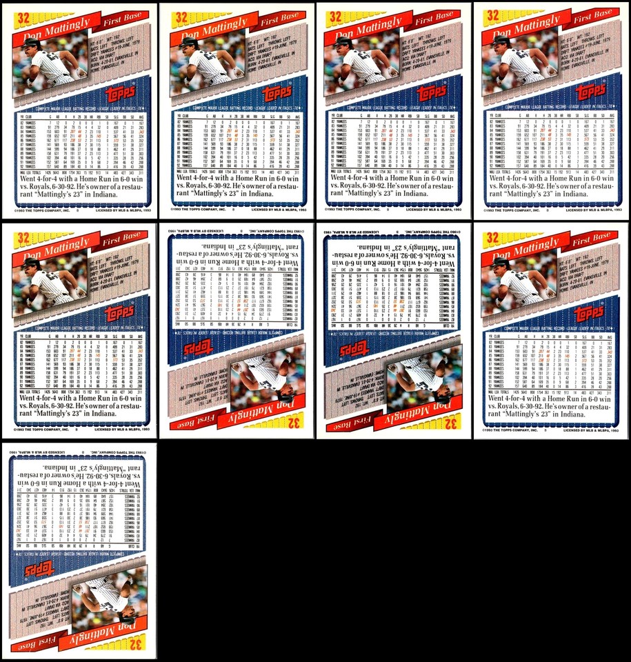 1993 Topps Don Mattingly (9) Card Lot - ADD SOME MAGIC TO YOUR ...