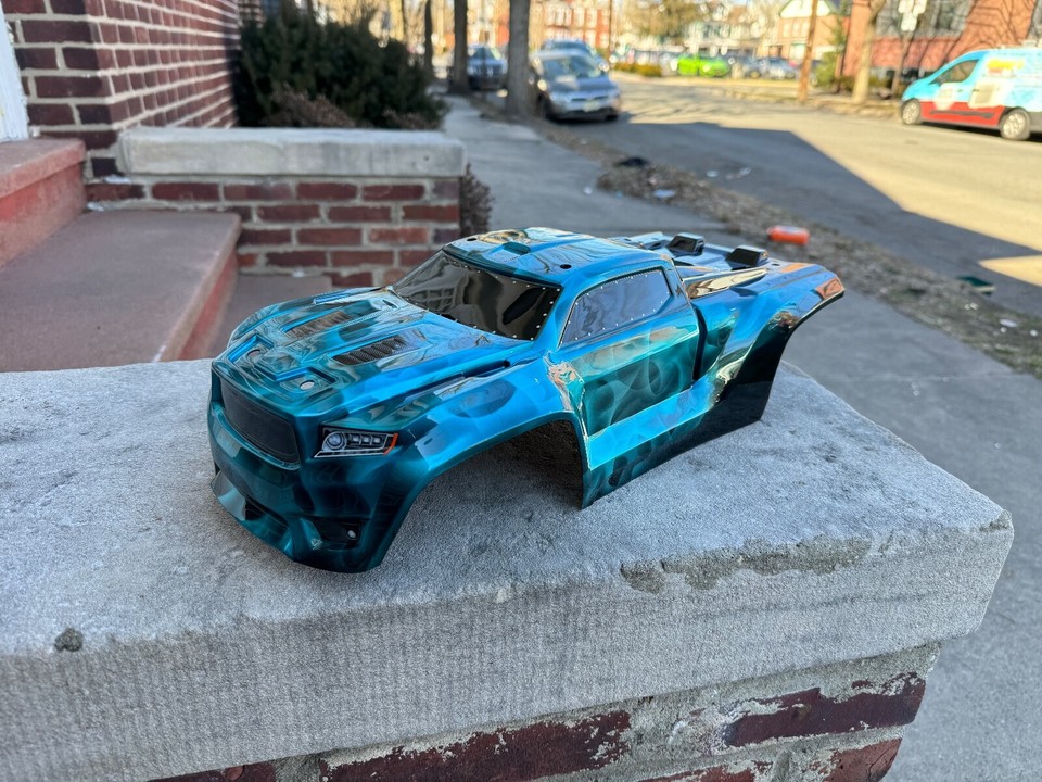 CUSTOM PAINTED RC BODY, TRAXXAS SLEDGE BLUE CHROME FLAMES, AIRBRUSHED ...