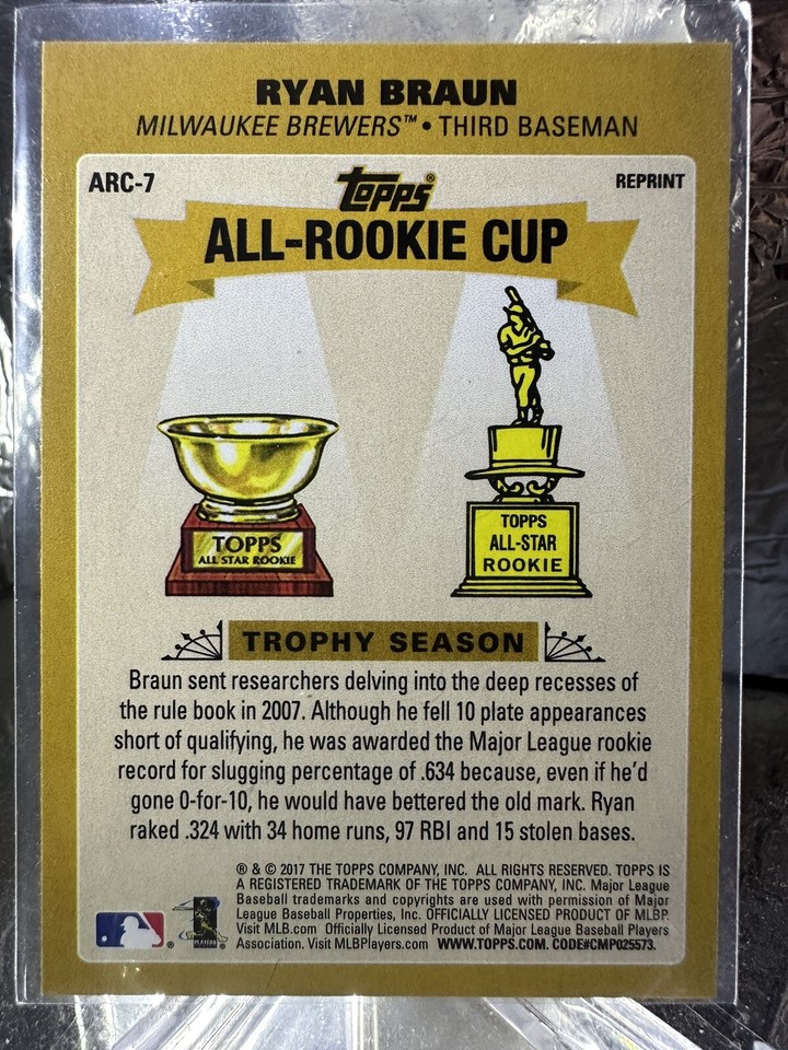 2017 Topps Update All-Rookie Cup Reprints - Ryan Braun - Milwaukee - # ...