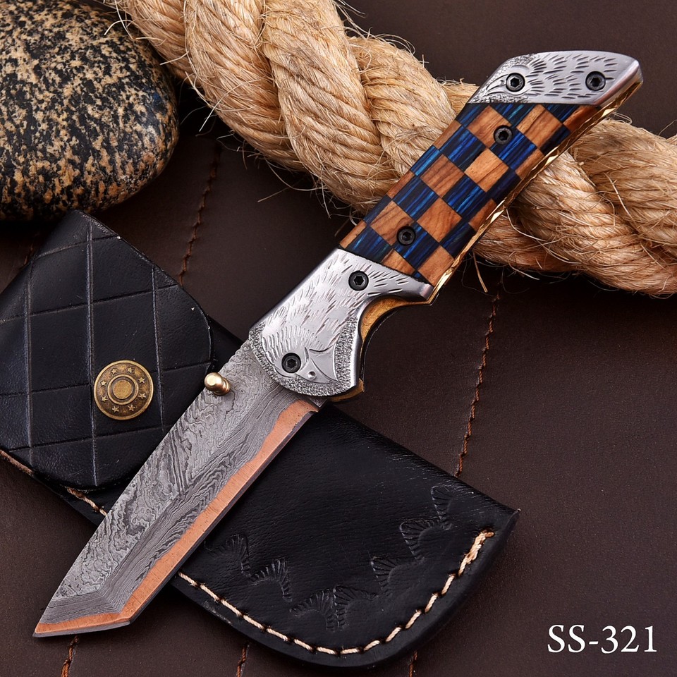 Tactical Copper Damascus Steel Folding Pocket Knife Handmade Orange ...