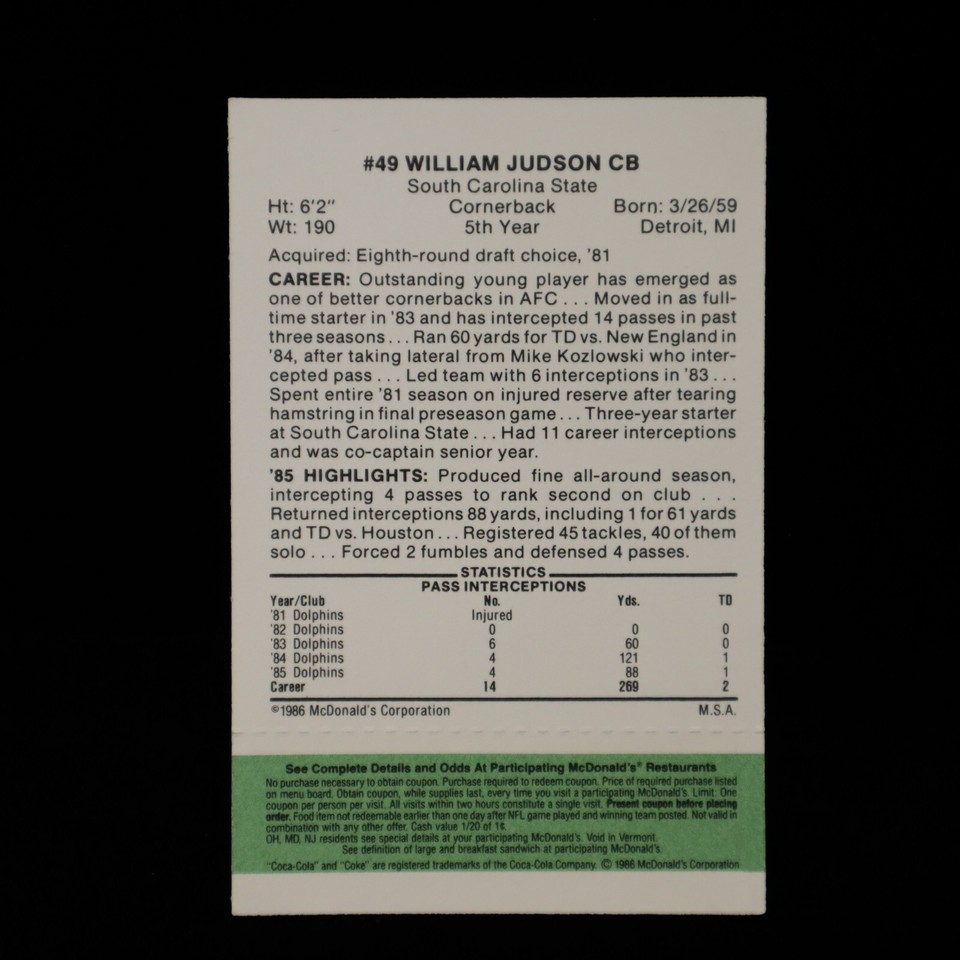 1986 William Judson Miami Dolphins McDonald's "GREEN" Game Card #49 | eBay