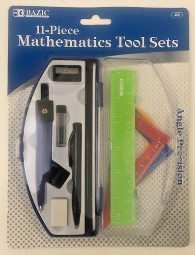 11-Piece BAZIC Mathrmatics Geometry Tool Set Protractor Compas Ruler ...