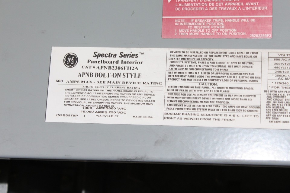 GE Spectra Series Power Panelboard 600A, 3Ph, APNB Bolt-On 600A Main | eBay