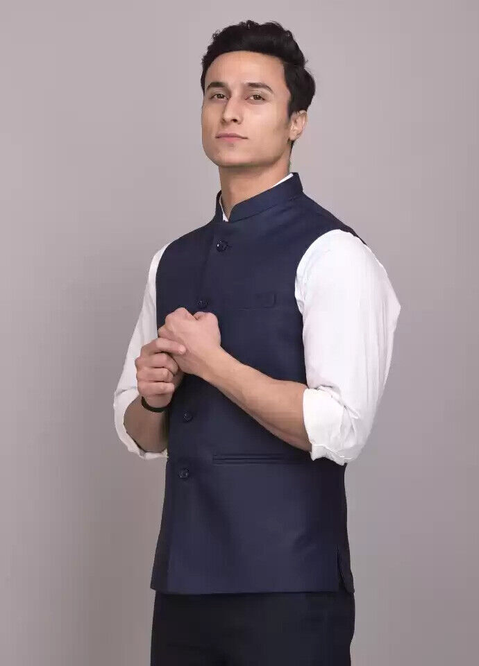 Men's Blue Trending solid Latest Waistcoat Wool Blend Formal 5 Button ...