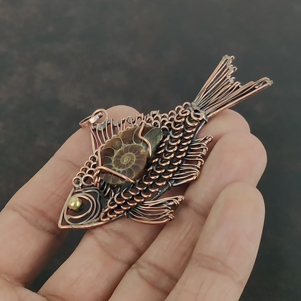 Gift For Her Ammonite Fossil Wire Wrapped Fish Pendant Copper Jewelry 2 ...