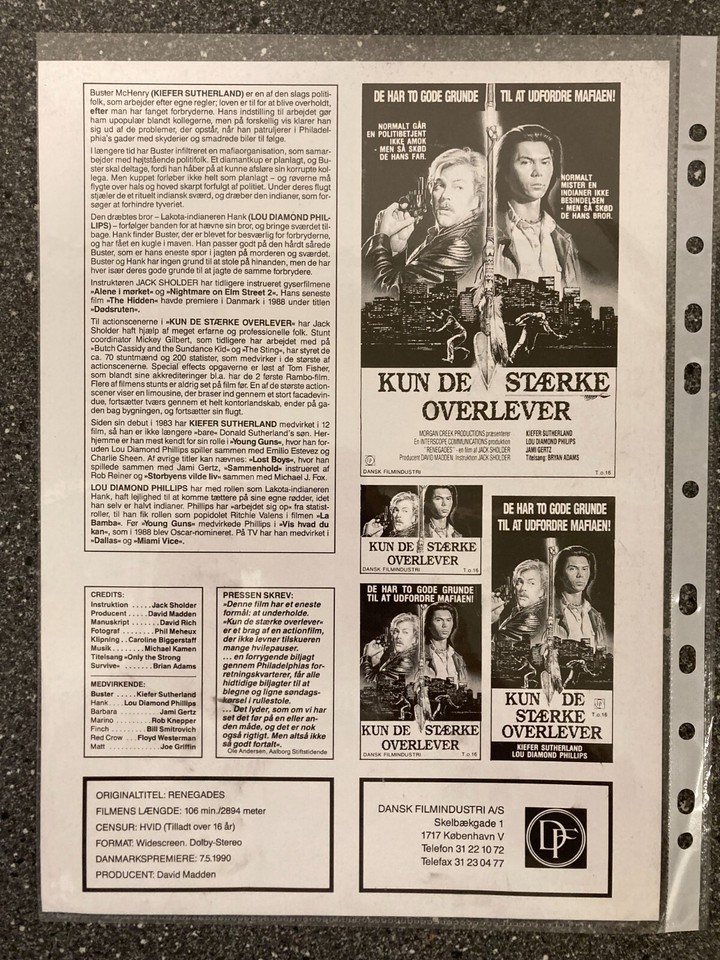 Renegades Kiefer Sutherland, Lou Diamond Phillips 1989 Danish Press ...