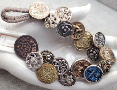 Antique Victorian Button Charm String Bracelet Cut Steel Angel Stork ...