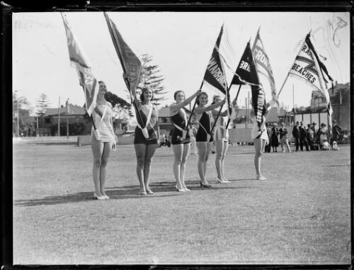 Female flag-bearers at the Lady Game Beach Cup, Manly Oval, Sydney- Old ...