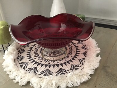 TELEFLORA GIFT~ BLOWN GLASS RUBY RED FLUTED PEDESTAL BOWL 9.5” X 4.5 ...