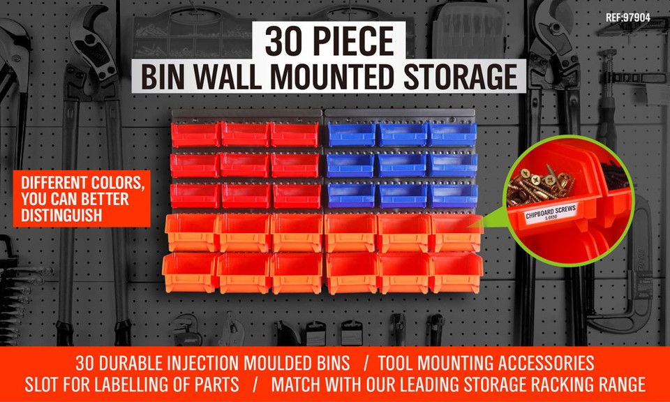 Wall Mounted Storage Bins Parts Rack 30 Bin Organizer Garage Plastic ...