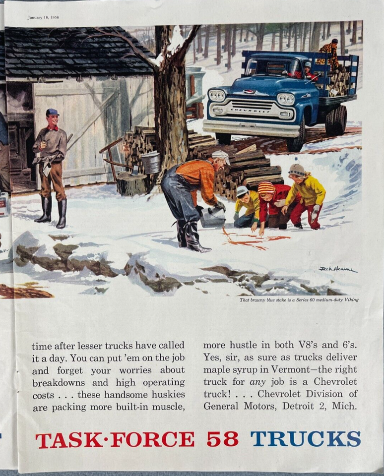 1958 Chevrolet Vintage Print Ad Task Force 58 Trucks Here To Stay Here ...