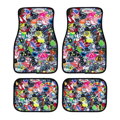 4PCS JDM Sticker Bomb Multicolor Fabric Floor Mats Interior Carpets ...