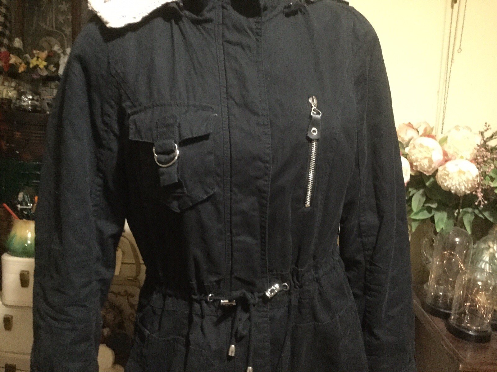 Black VERO MODA jacket/coat Faux Sheep Skin Removable Vest Lining Hood ...