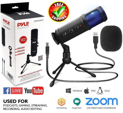 PYLE USB PC Mac Recording Condenser Microphone Blue LED Gain Headphone ...