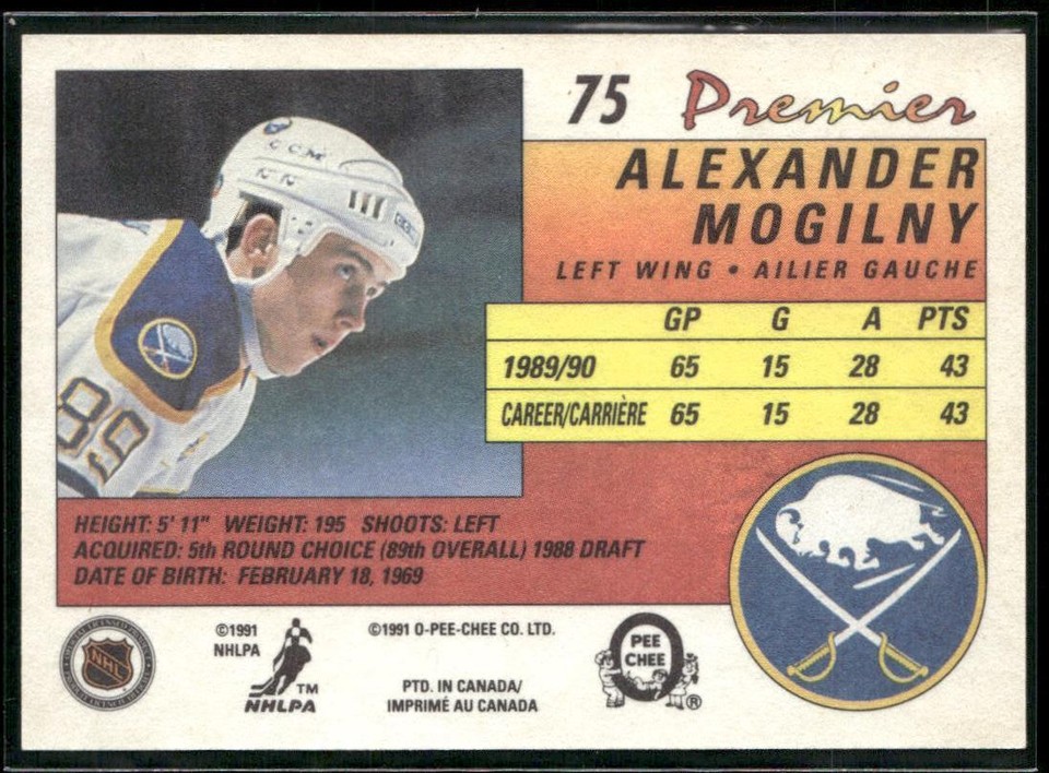 1990-91 O-Pee-Chee Premier #75 Alexander Mogilny Buffalo Sabres Rookie ...