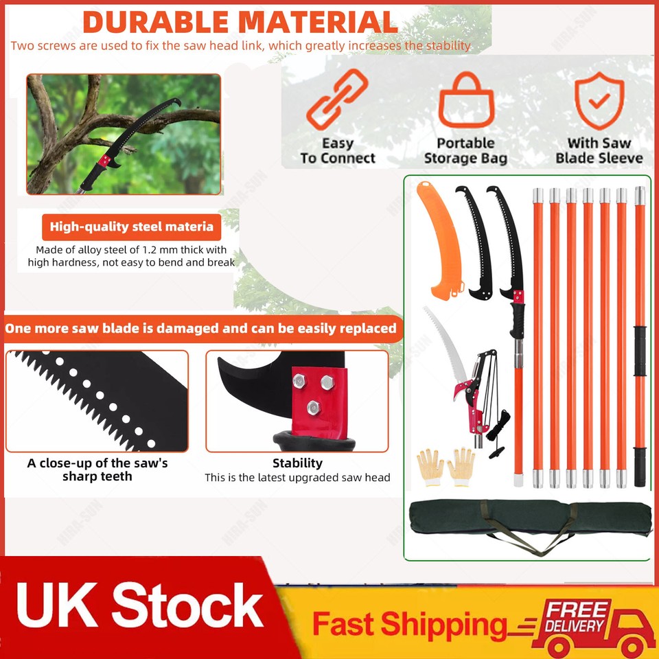 Manual Pole Saw Extendable Tree Pruner 27ft Fiberglass Pole Hook Branch ...