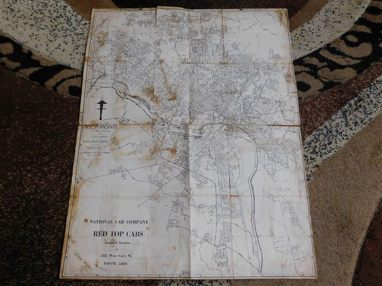 1951 Richmond, Virginia VA National Cab RED TOP Cabs Map Original 22x17 ...