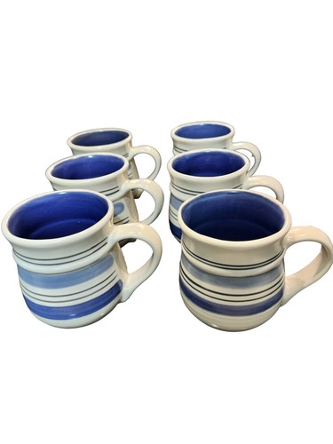 VTG Pfaltzgraff Rio Stoneware Set Of 6 Coffee Mugs 4" 12oz Blue Stripe ...