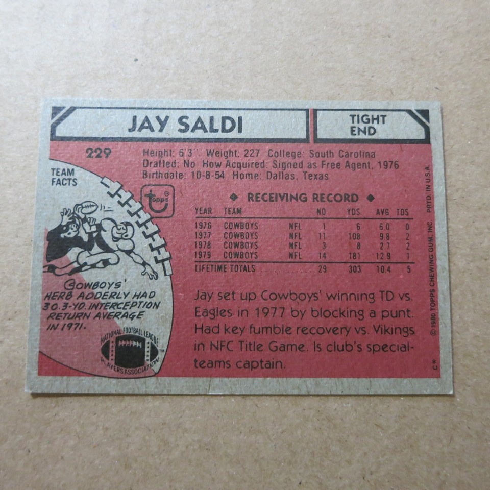 Jay Saldi RC 1980 Topps #229 Dallas Cowboys NM U South Carolina FREE ...