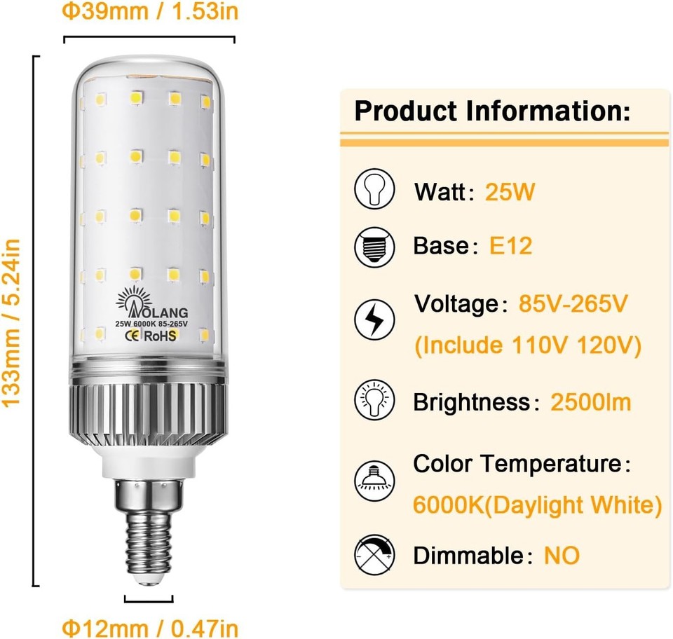 E12 LED Bulbs,25W Candelabra Bulbs,200 Watt Equivalent, Daylight 6000k ...