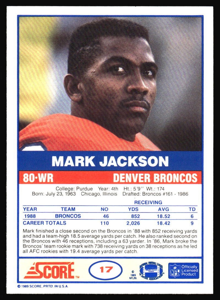 1989 Score Mark Jackson #17 Denver Broncos | eBay