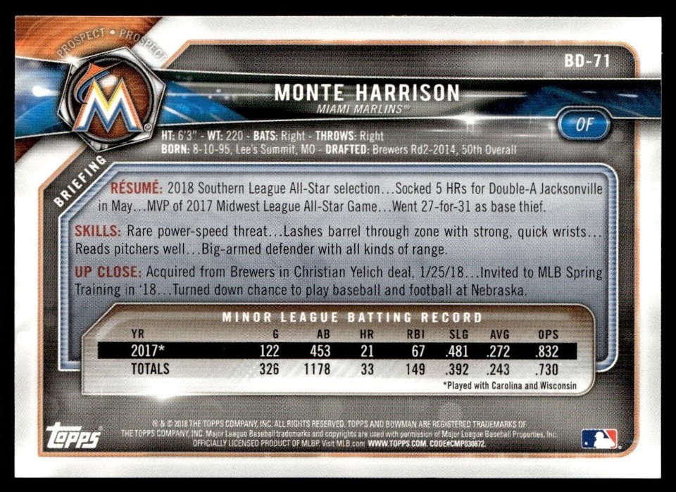 2018 Bowman Draft Monte Harrison Miami Marlins #BD-71 | eBay