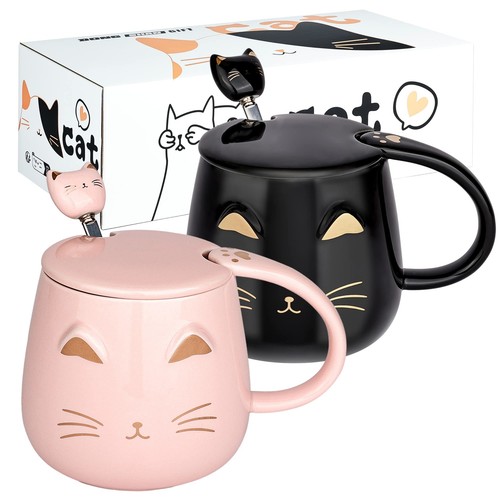 Cat Mugs Set of 2 Cute Cat Tea Cup Set Ceramic Coffee Mug with Lid and ...