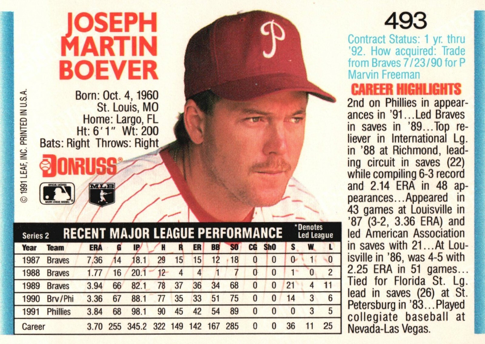 1992 Donruss Philadelphia Phillies Baseball Card #493 Joe Boever | eBay