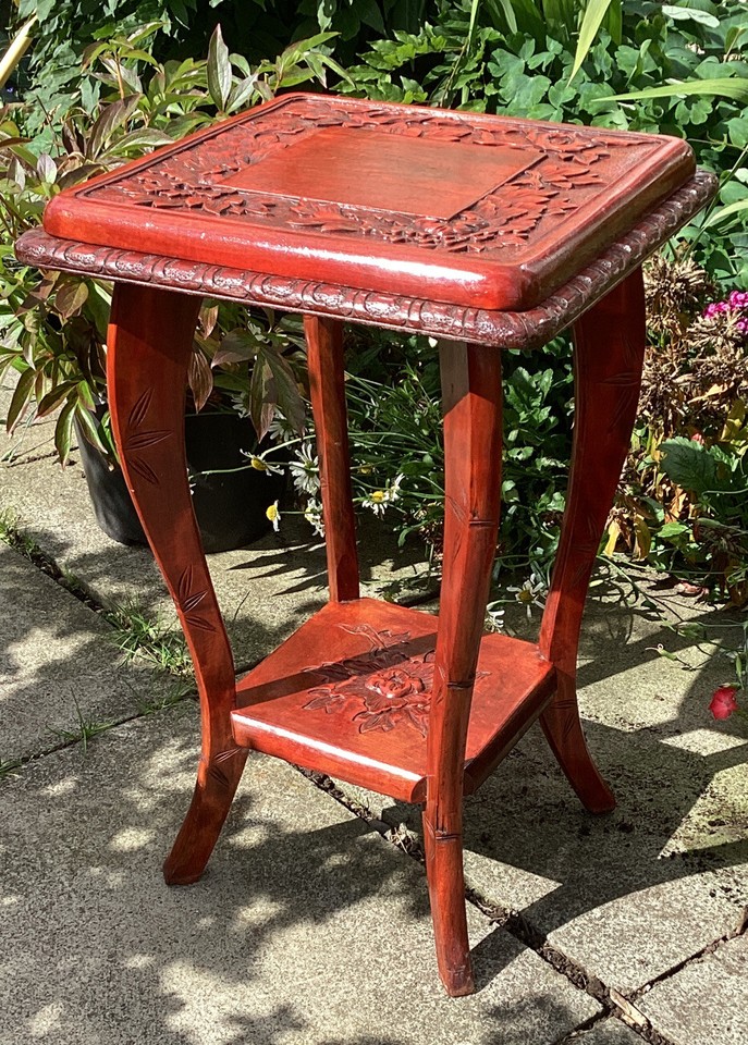 Antique Chinese 2 Tier Table / Stand. Red Lacquer. Carved Peony Borders ...