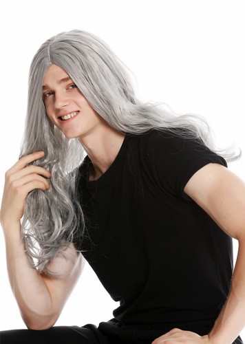 Wig Men Women Long Wild Center Part Heavy Metal Rocker Old Gray | eBay