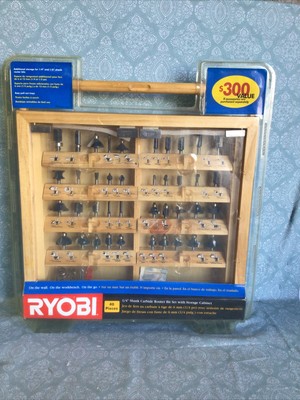 RYOBI - 40pc 1/4” Shank Carbide Router Bit Set w/Wooden Storage Cabinet ...