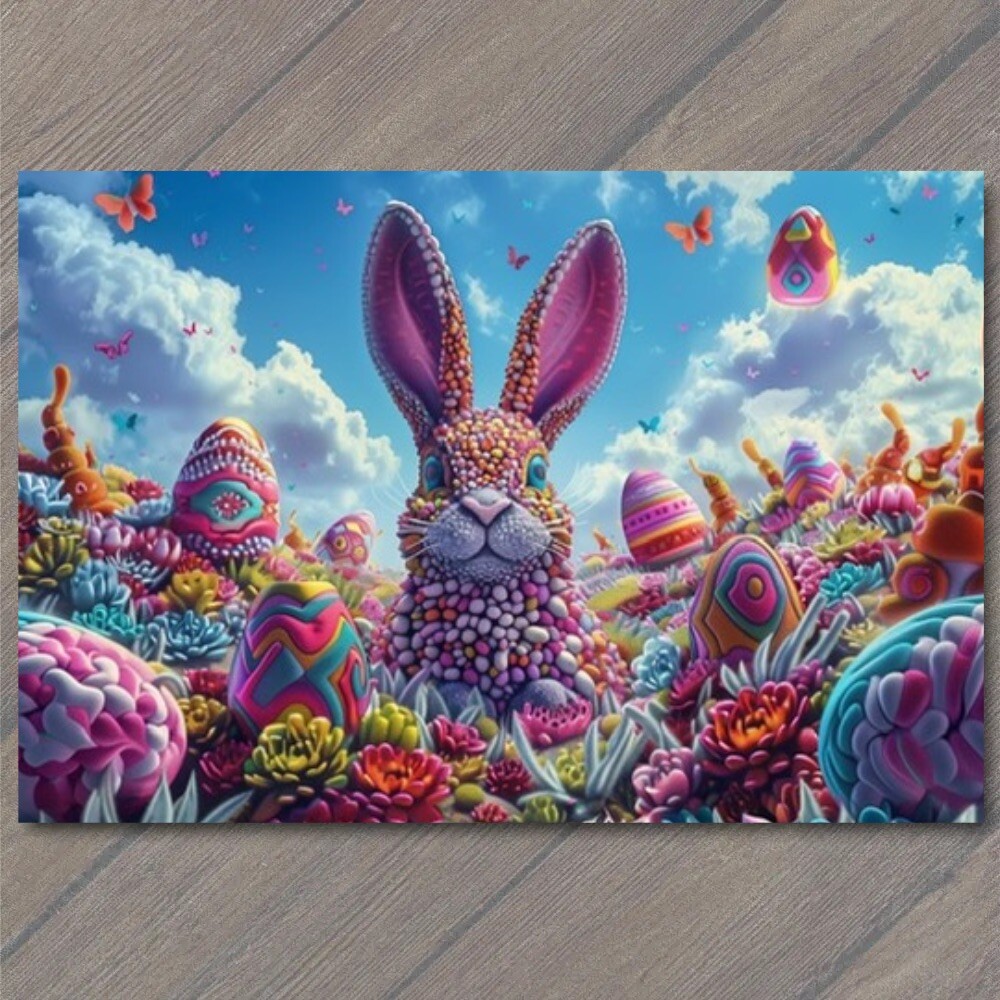 POSTCARD Rabbit Bunny Surrealism Crazy Bright Colors Weird Strange Wild ...
