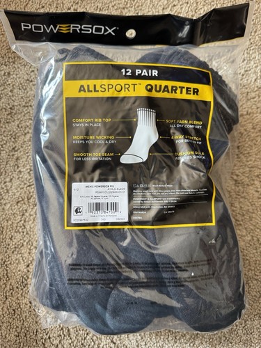 Men's Powersox AllSport Moisture Wicking Quarter Socks 12 Pair Black ...