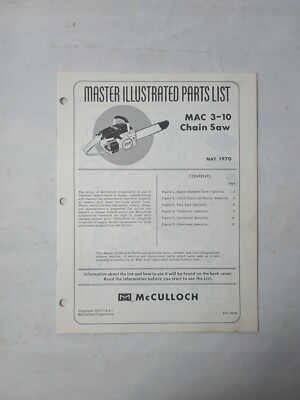 Vintage Dealer McCulloch Illustrated Parts List 1970 Mac 3-10 Chain Saw ...