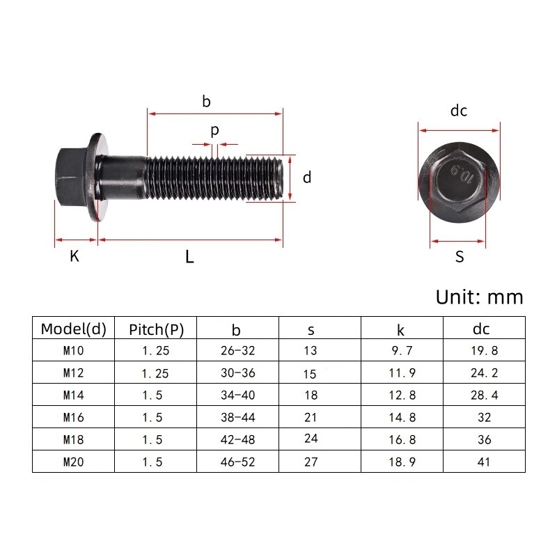 M10x1.25 M12x1.25 Fine Pitch Hexagon Flange Bolts Black Grade 10.9 ...
