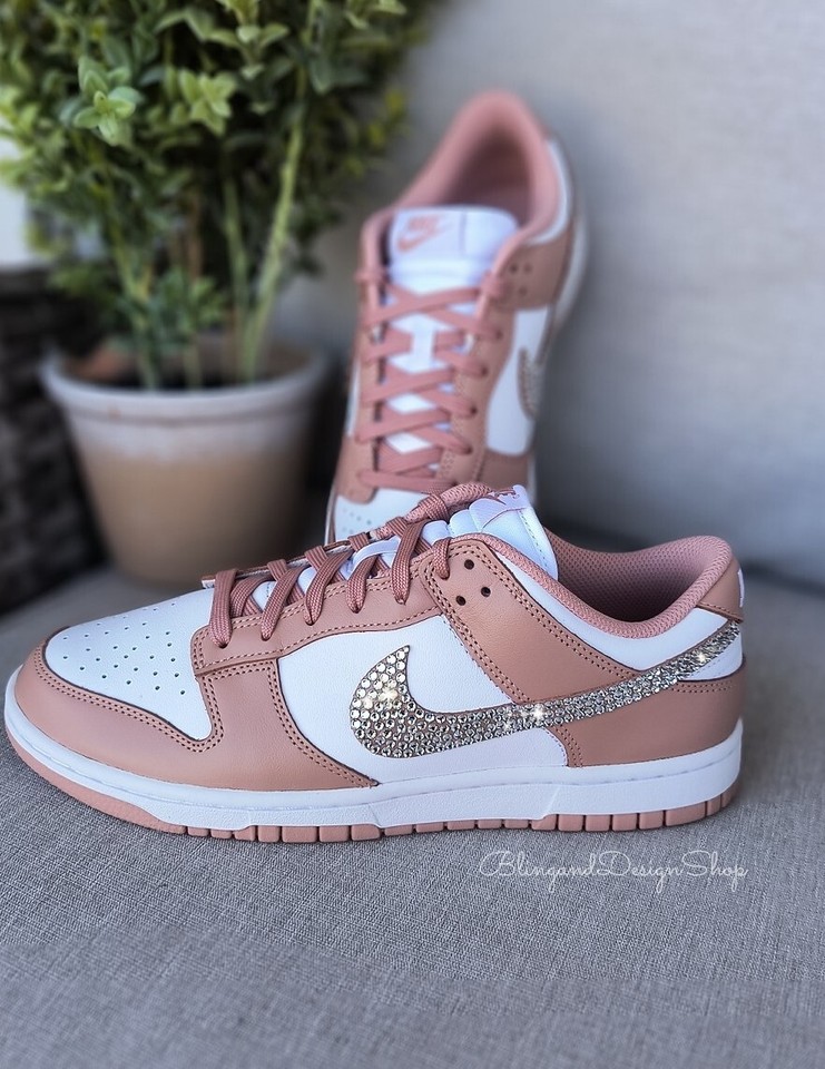 Customized Dunk Low White Rose Womens Sneakers Shoes with Crystals ...