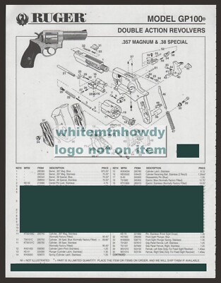 RUGER Model GP100 Double Action Revolver Schematic Parts List | eBay
