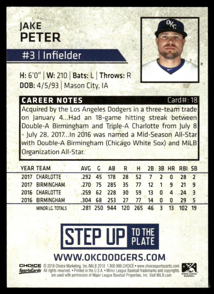 2018 Choice Jake Peters Rookie Oklahoma City Dodgers AAA Los Angeles ...