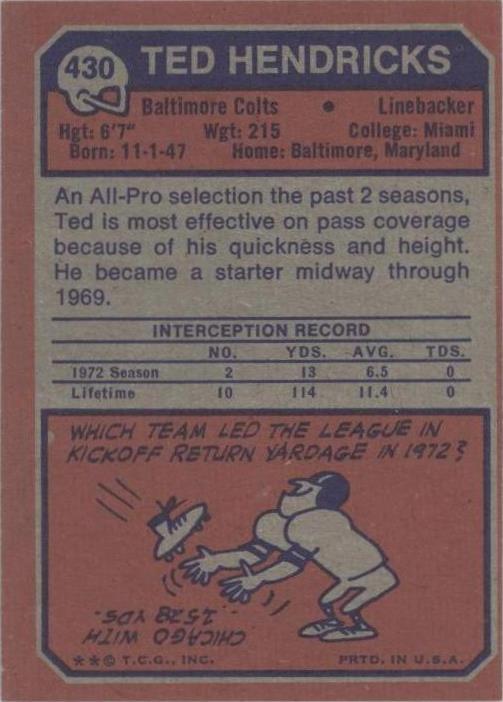 1973 Topps Ted Hendricks #430 for sale | eBay