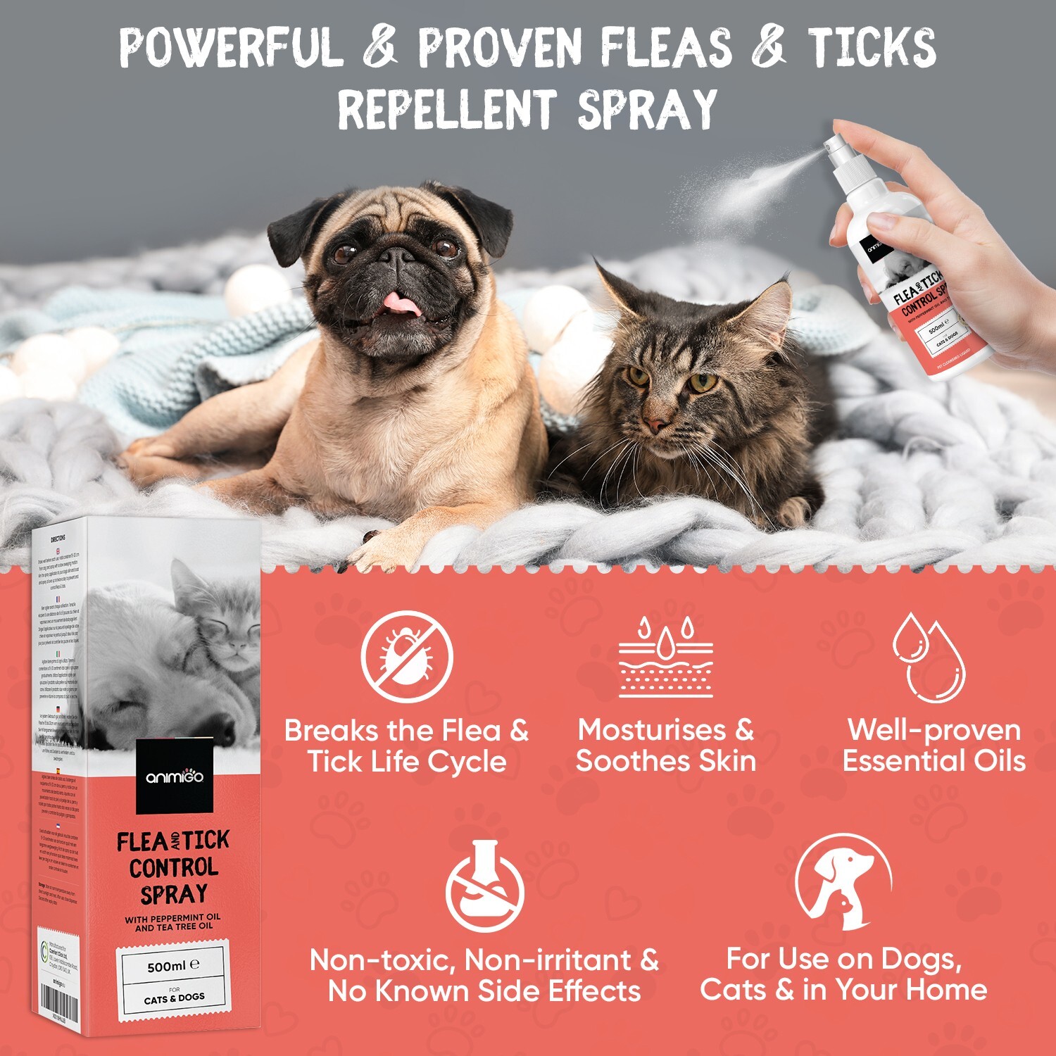 Animigo Flea & Tick Spray for Dogs & Cats 500ml for Dry, Itchy ...