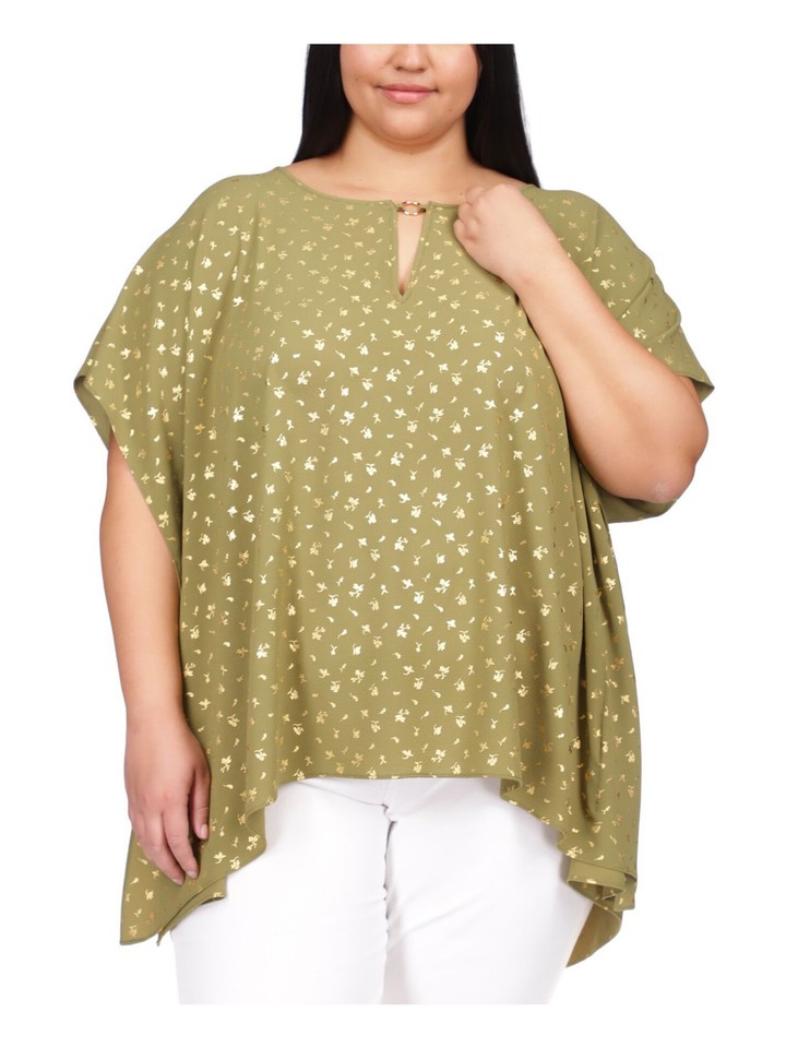 MICHAEL KORS Womens Green Flutter Sleeve Keyhole Top Plus 1X | eBay