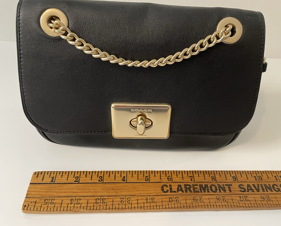 Coach Purse Black Leather Chain Shoulder Bag Turnlock Crossbody Gold ...