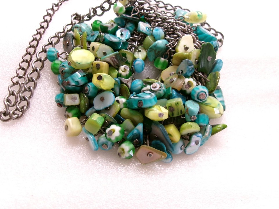 Vintage Art Glass on Chain Mail Bib Necklace Turquoise & Lime Dangling ...