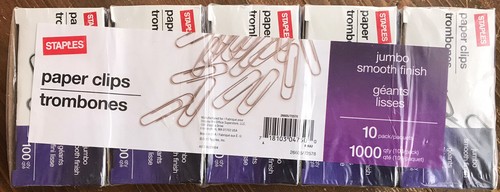 Staples Smooth Paper Clips Jumbo 100/Box 10 Boxes/Pack (A7026605/72578 ...