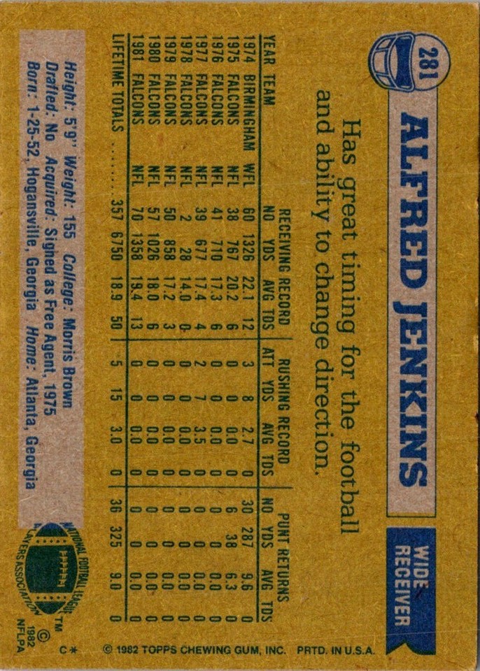 1982 Topps Alfred Jenkins #281 Atlanta Falcons Football Card | eBay